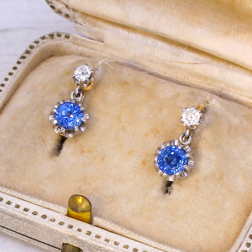 Art Deco 1.44 Carat Sapphire & Old Cut Diamond Earrings, circa 1920